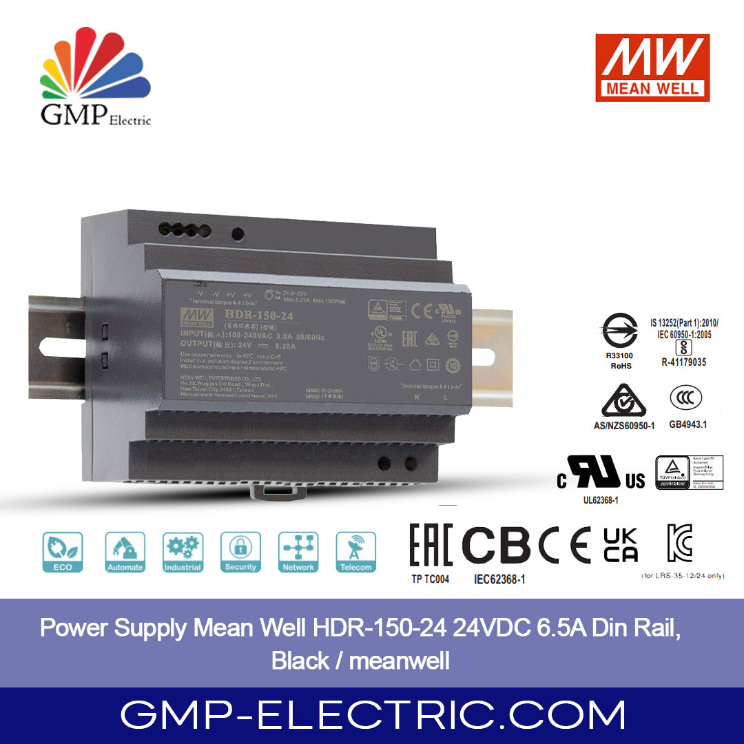 Power Supply Mean Well HDR-150-24 24VDC 6.5A Din Rail, Black / meanwel