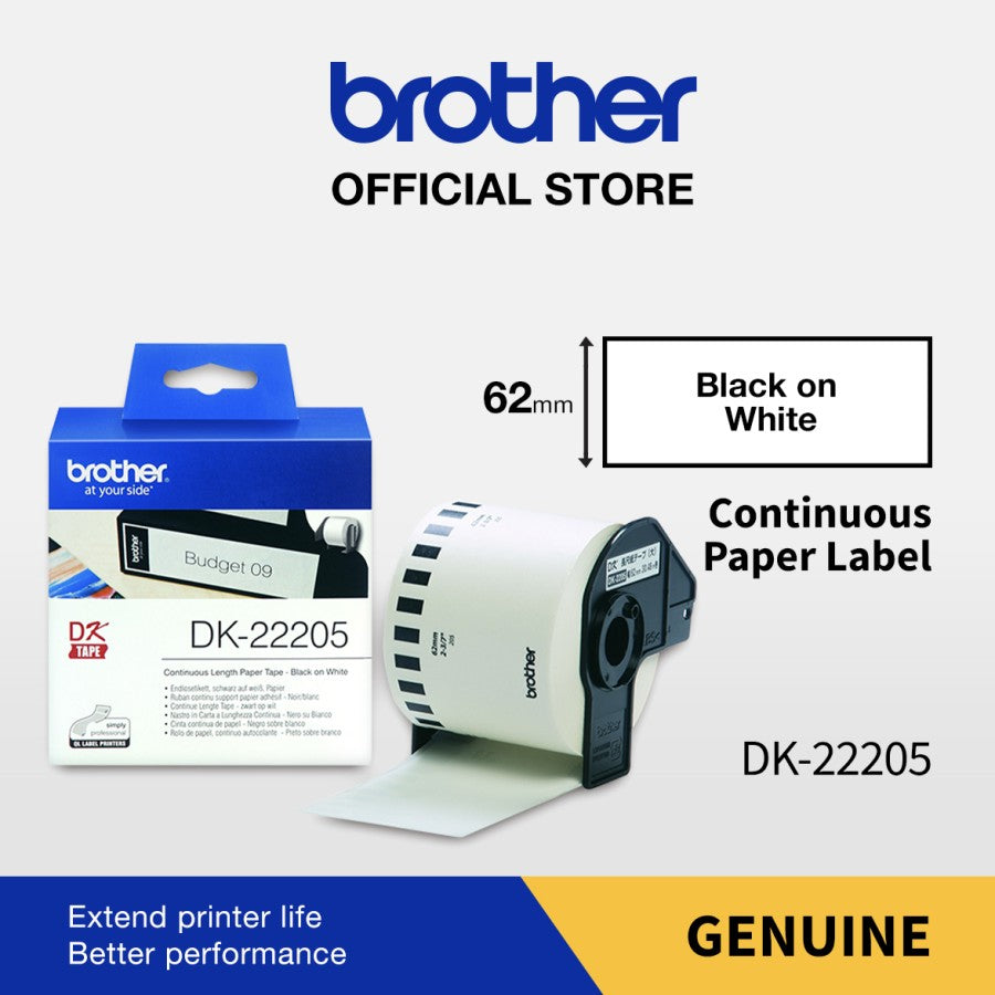 Brother DK-22205 Continuous Paper Label Roll, Black on White, 62mm (30