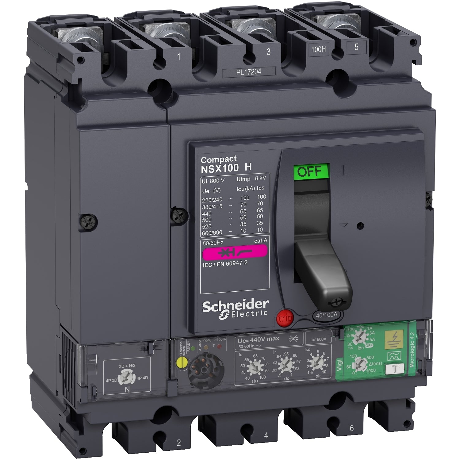 Breaker Schneider Compact NSX100H 4P 100A (70-100A) 70kA C10H6TM101